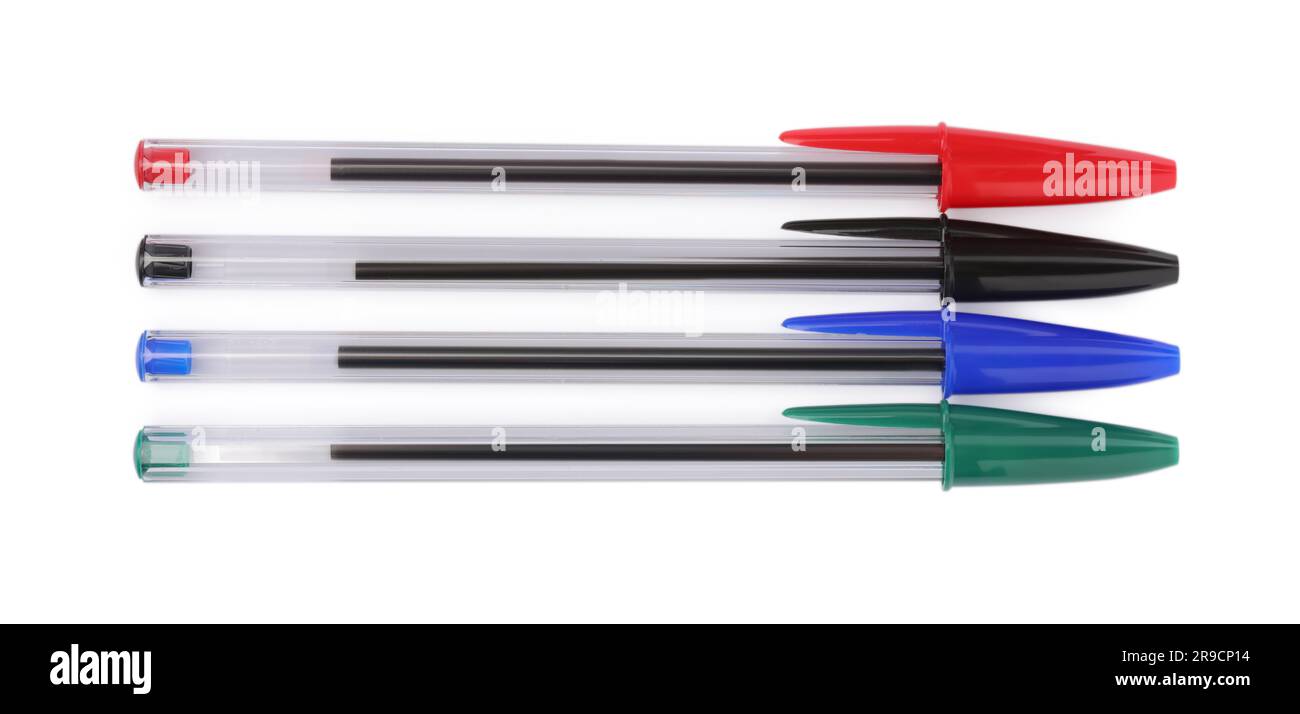New color plastic pens isolated on white, top view Stock Photo - Alamy