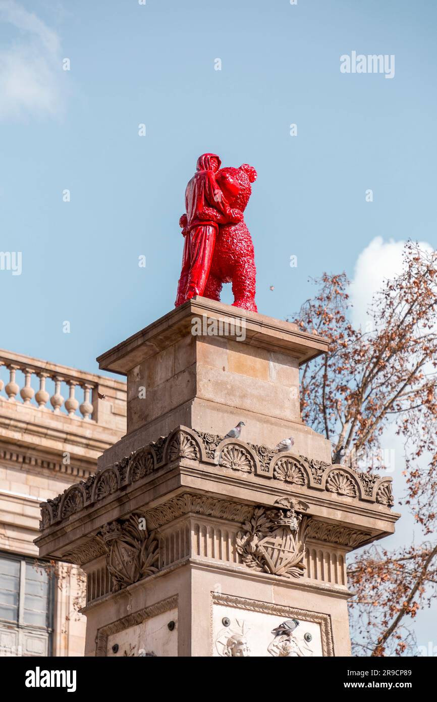 Barcelona, Spain - FEB 13, 2022: Modern statue with a man hugging a ...