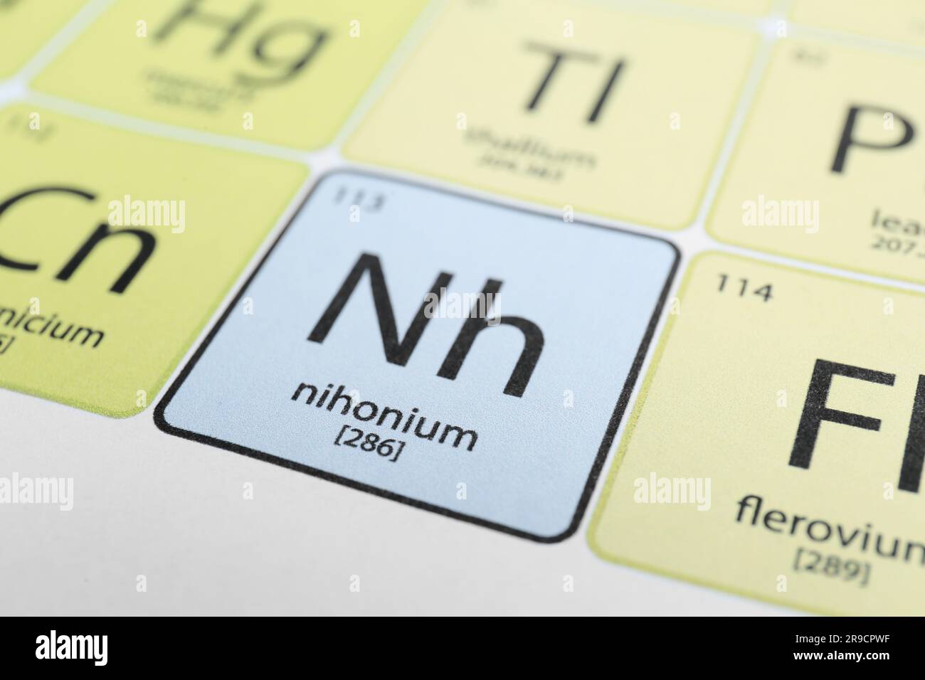 Symbol Nihonium on periodic table of chemical elements, closeup view ...