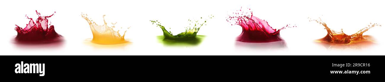 Splashing different fresh juices isolated on white, collage design ...