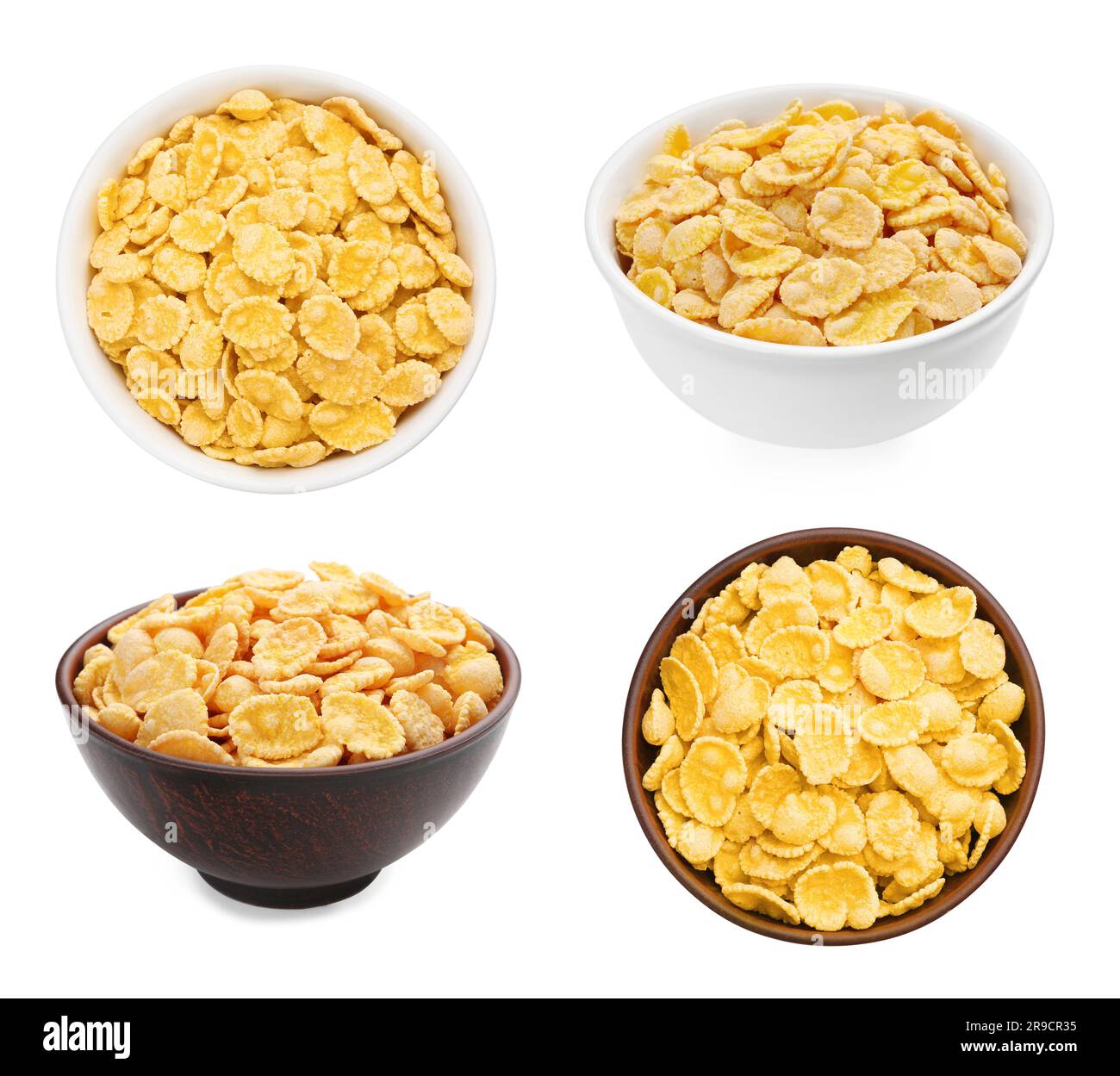 Collage with tasty corn flakes in bowls on white background, top and ...