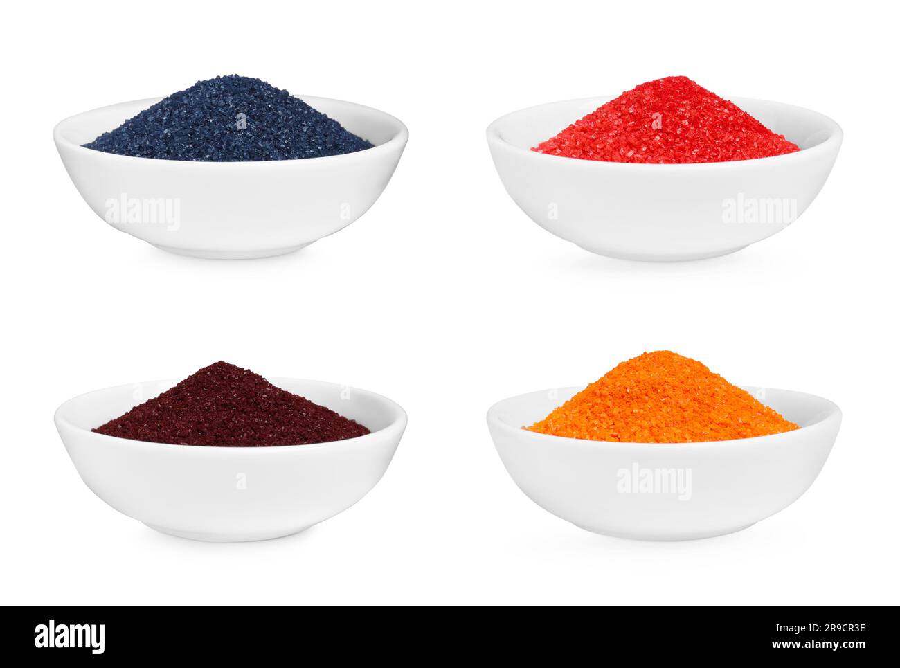 Collage with bowls of many different powdered food coloring isolated on ...