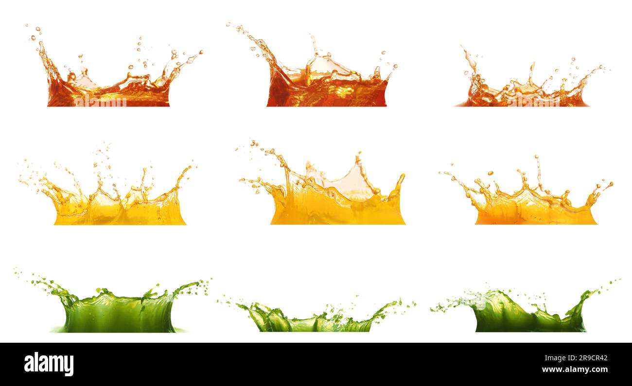 Splashing different fresh juices isolated on white, collage design ...