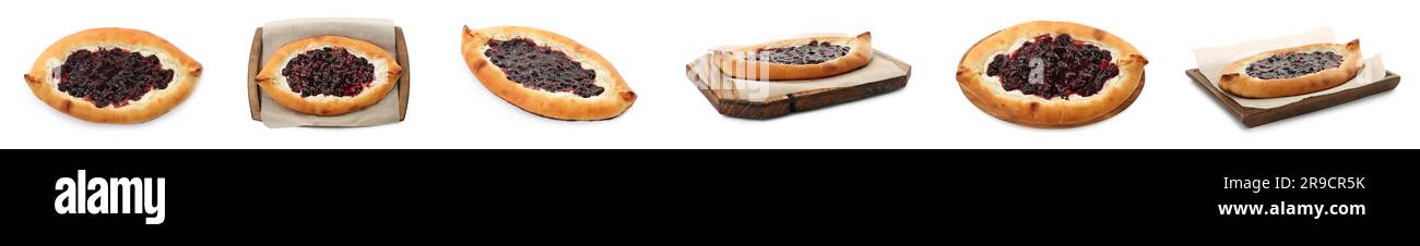 Collage of delicious sweet cottage cheese pastry with jam on white ...