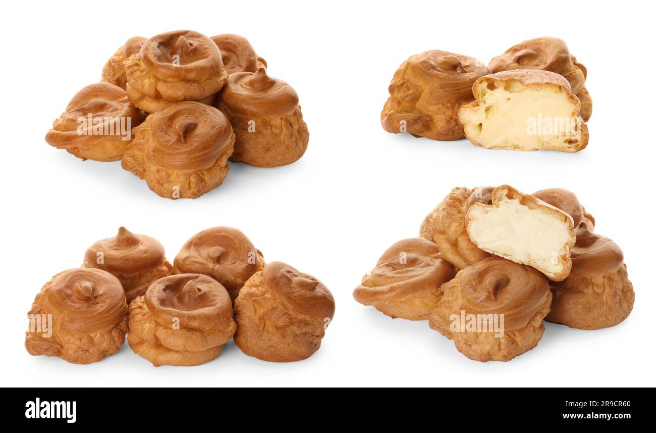 Delicious profiteroles with cream filling on white background, collage ...