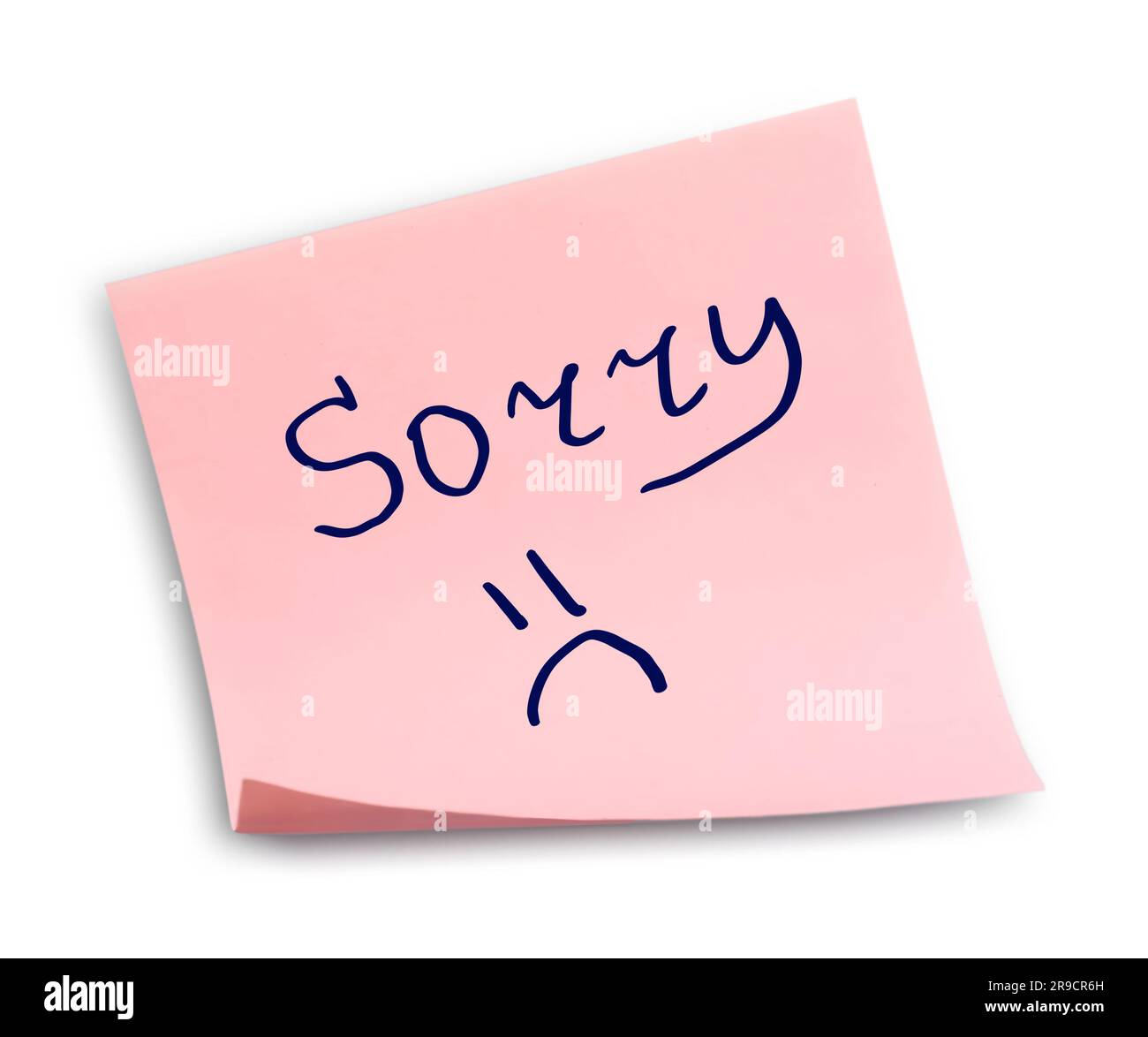 Apology. Sticky note with word Sorry and drawn sad face on white ...