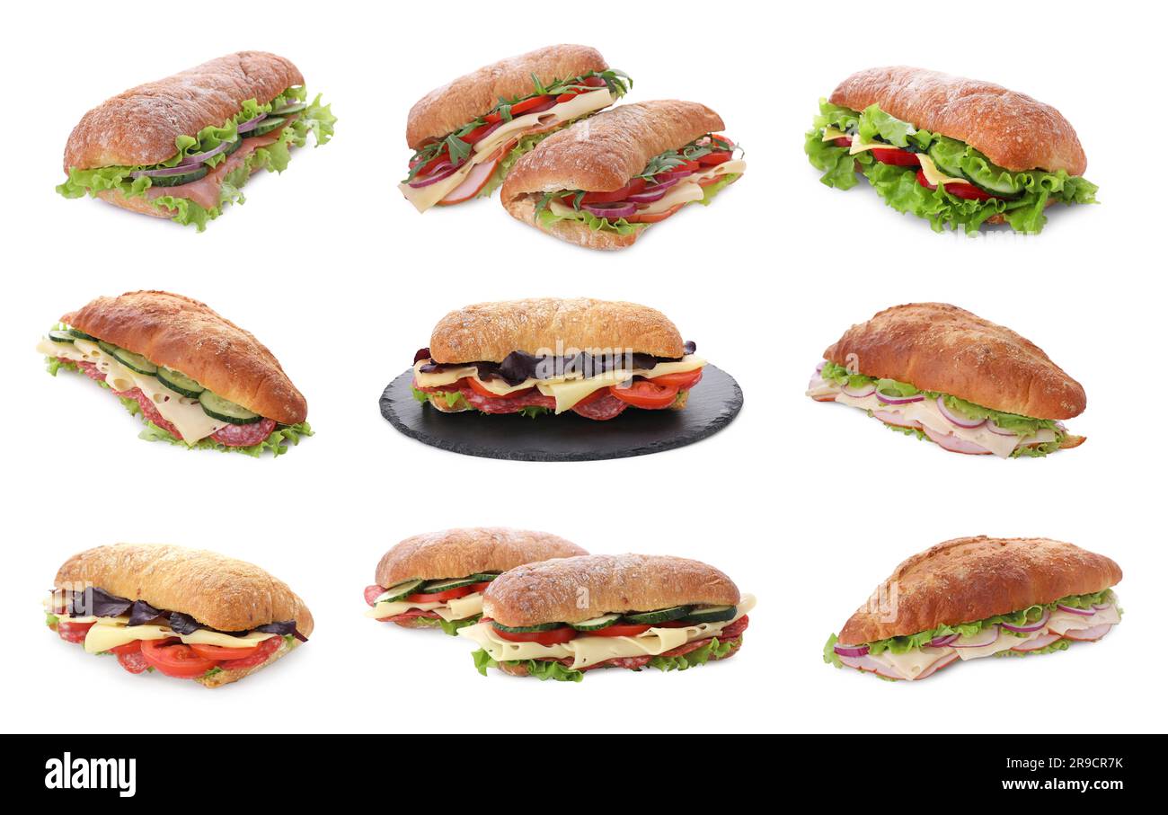 Collage with different delicious sandwiches on white background Stock ...