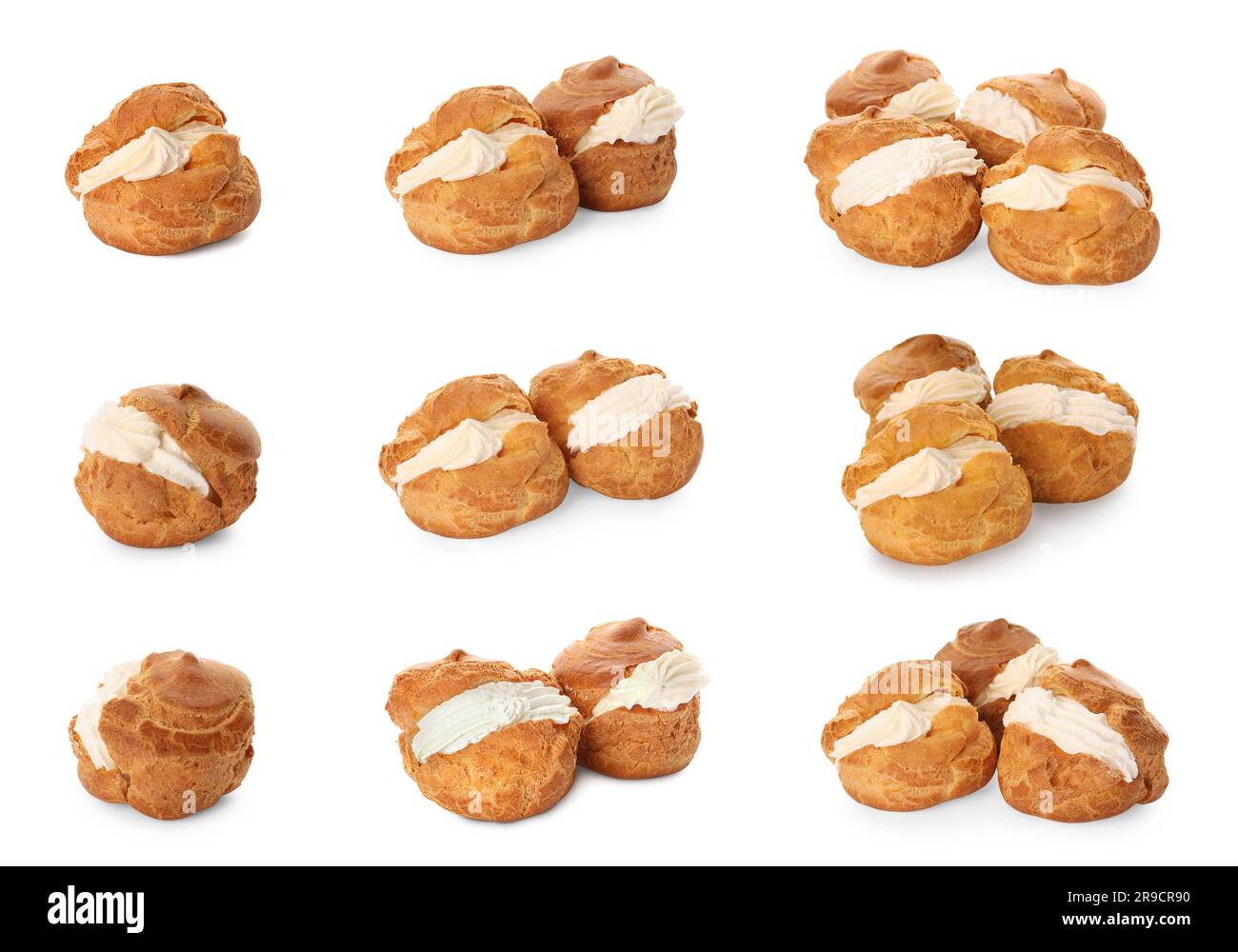 Delicious profiteroles with whipped cream filling on white background ...