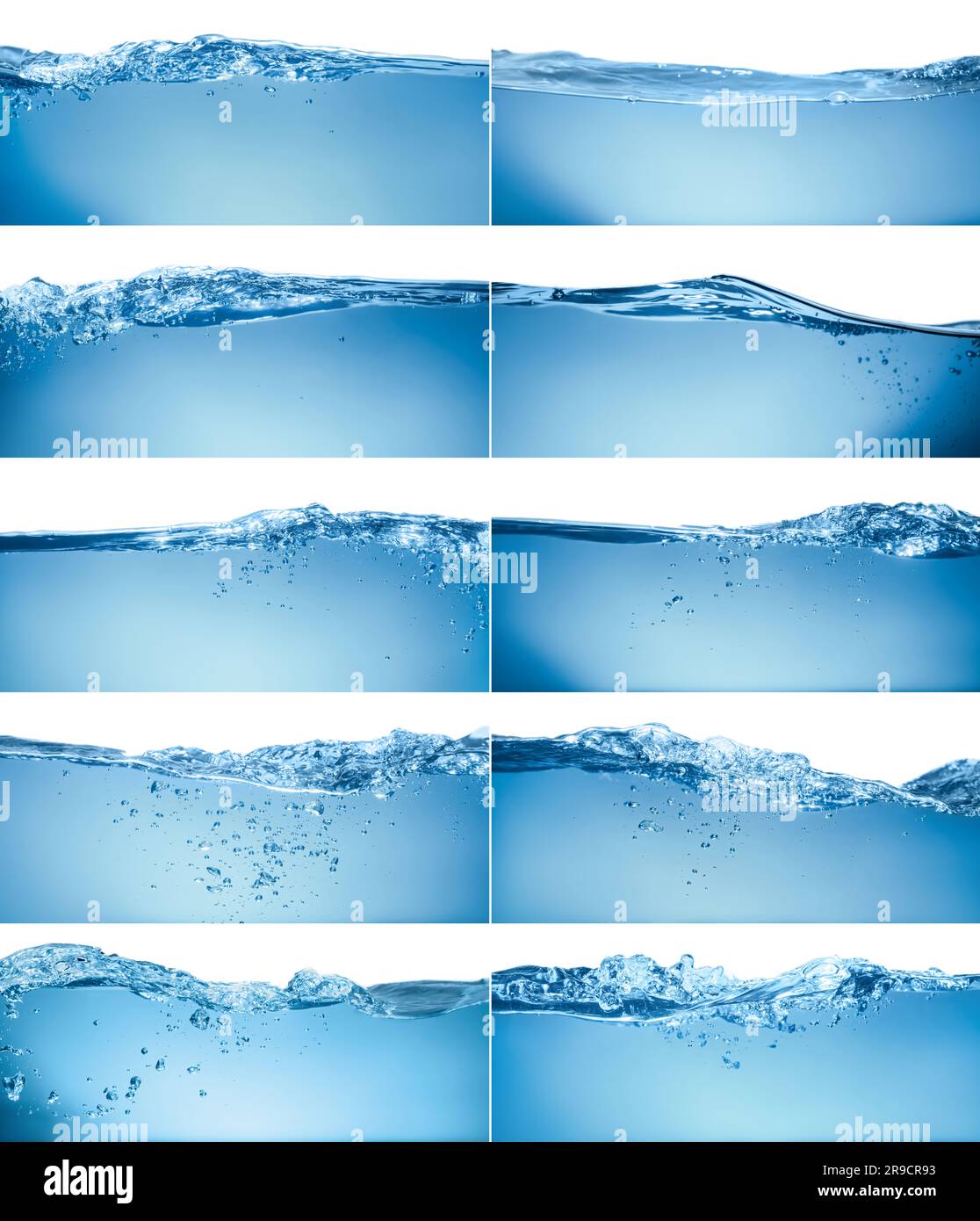 Collage with different beautiful water waves on white background Stock ...