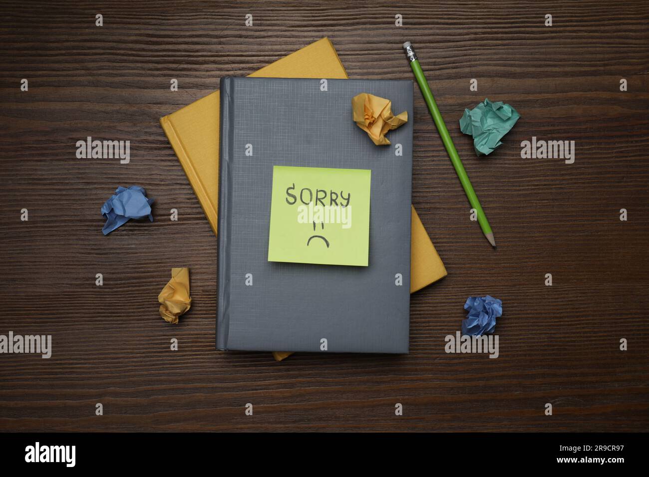 Apology. Sticky paper with word Sorry and drawn sad face, notebooks and ...
