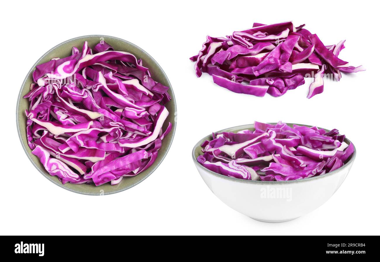 Collage with shredded fresh red cabbage on white background Stock Photo ...