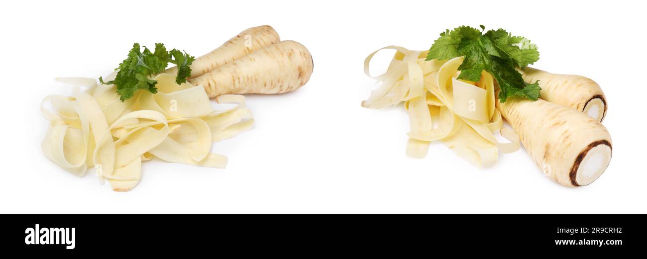 Set with whole and cut parsnip on white background Stock Photo - Alamy