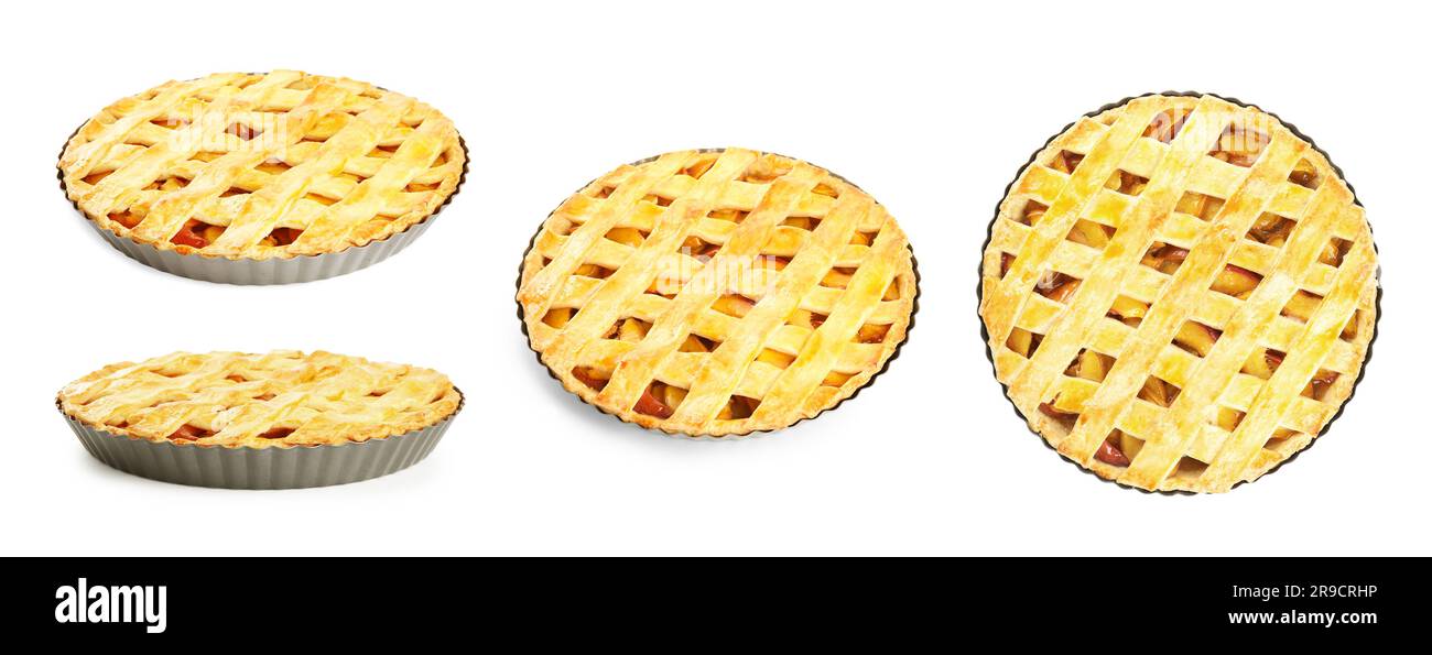Collage with delicious peach pie on white background, different sides ...