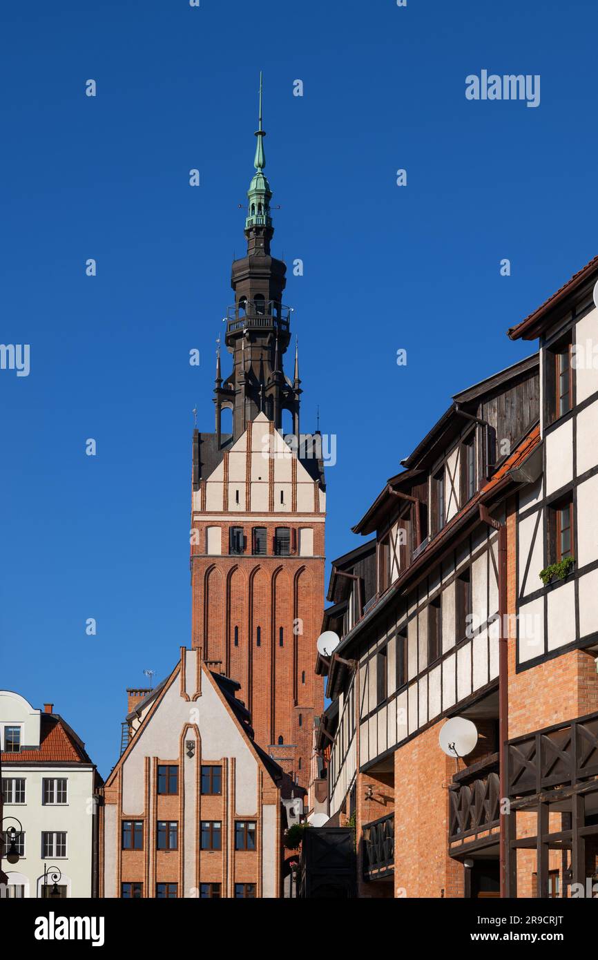 City of Elblag in Poland, Old Town skyline with Gothic tower of St ...