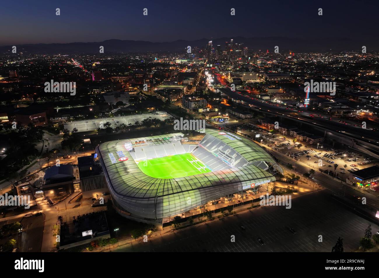 A general overall aerial view of BMO Stadium and downtown skyline ...