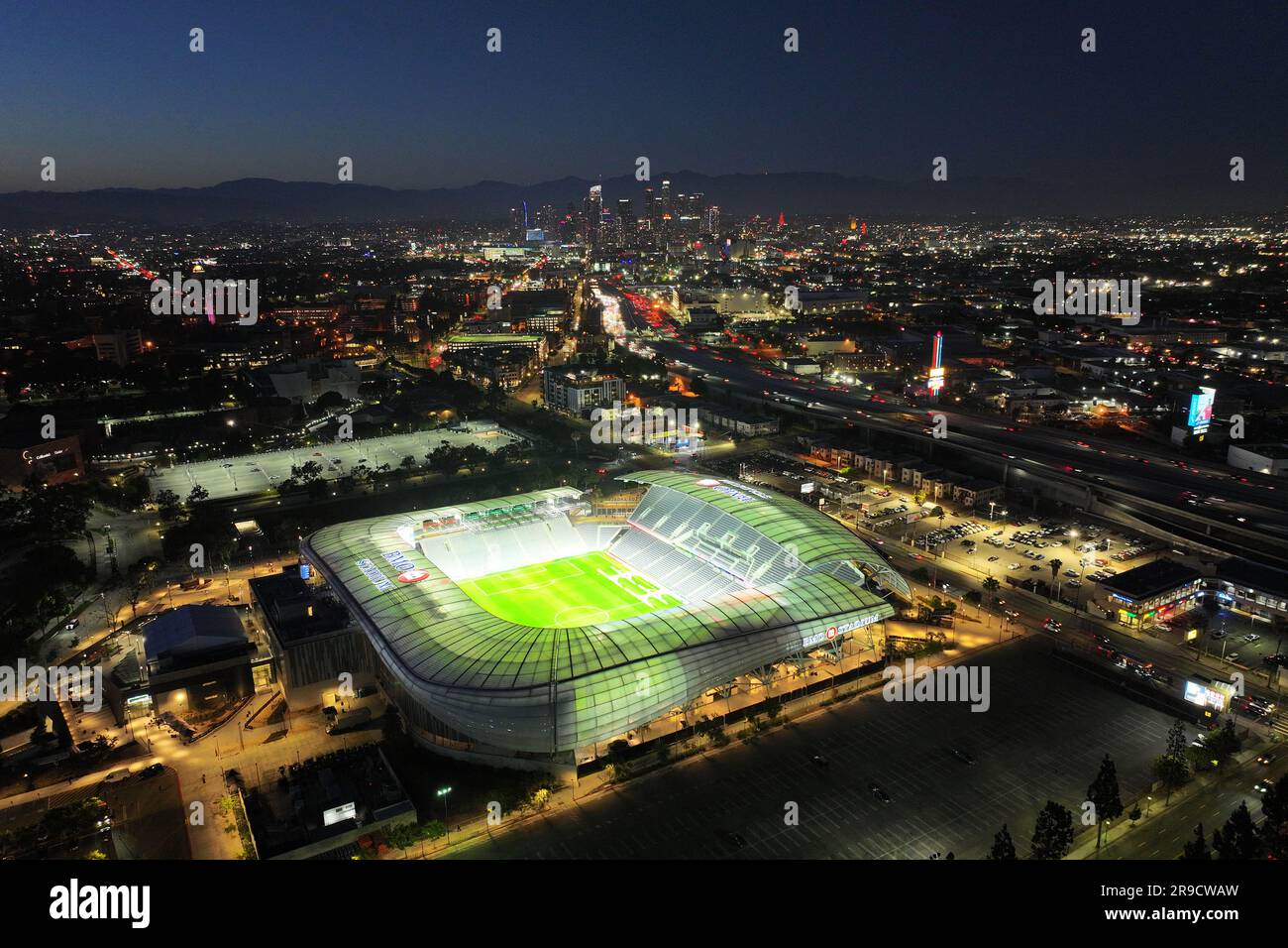 A general overall aerial view of BMO Stadium and downtown skyline ...