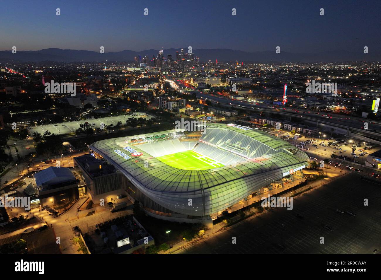 A general overall aerial view of BMO Stadium, Sunday, June 25, 2023, in ...