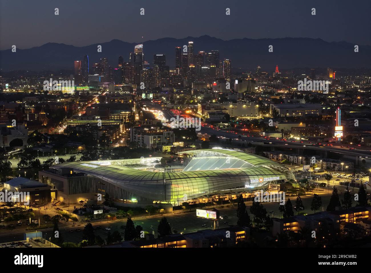 A general overall aerial view of BMO Stadium and downtown skyline ...