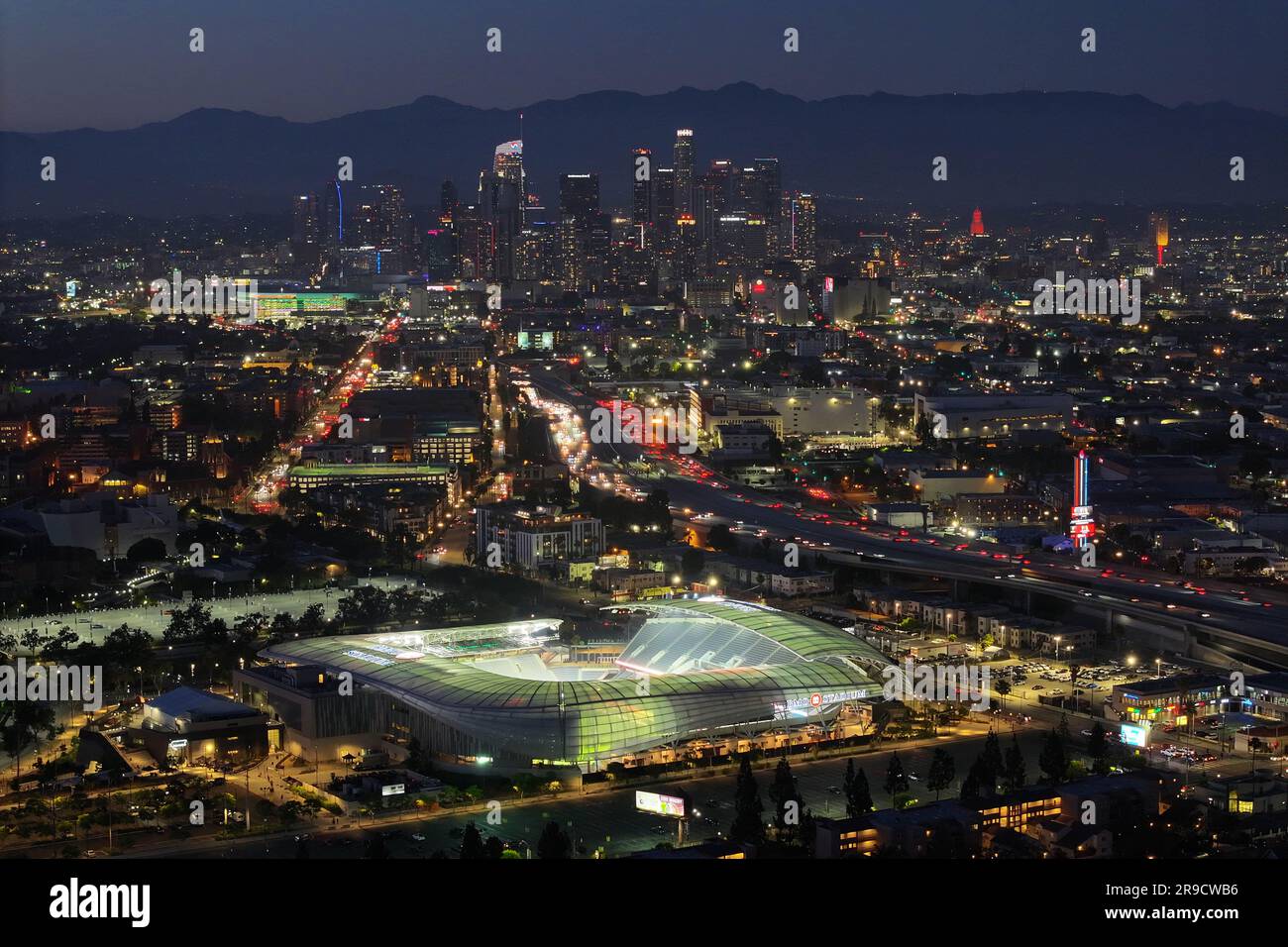 A general overall aerial view of BMO Stadium and downtown skyline ...