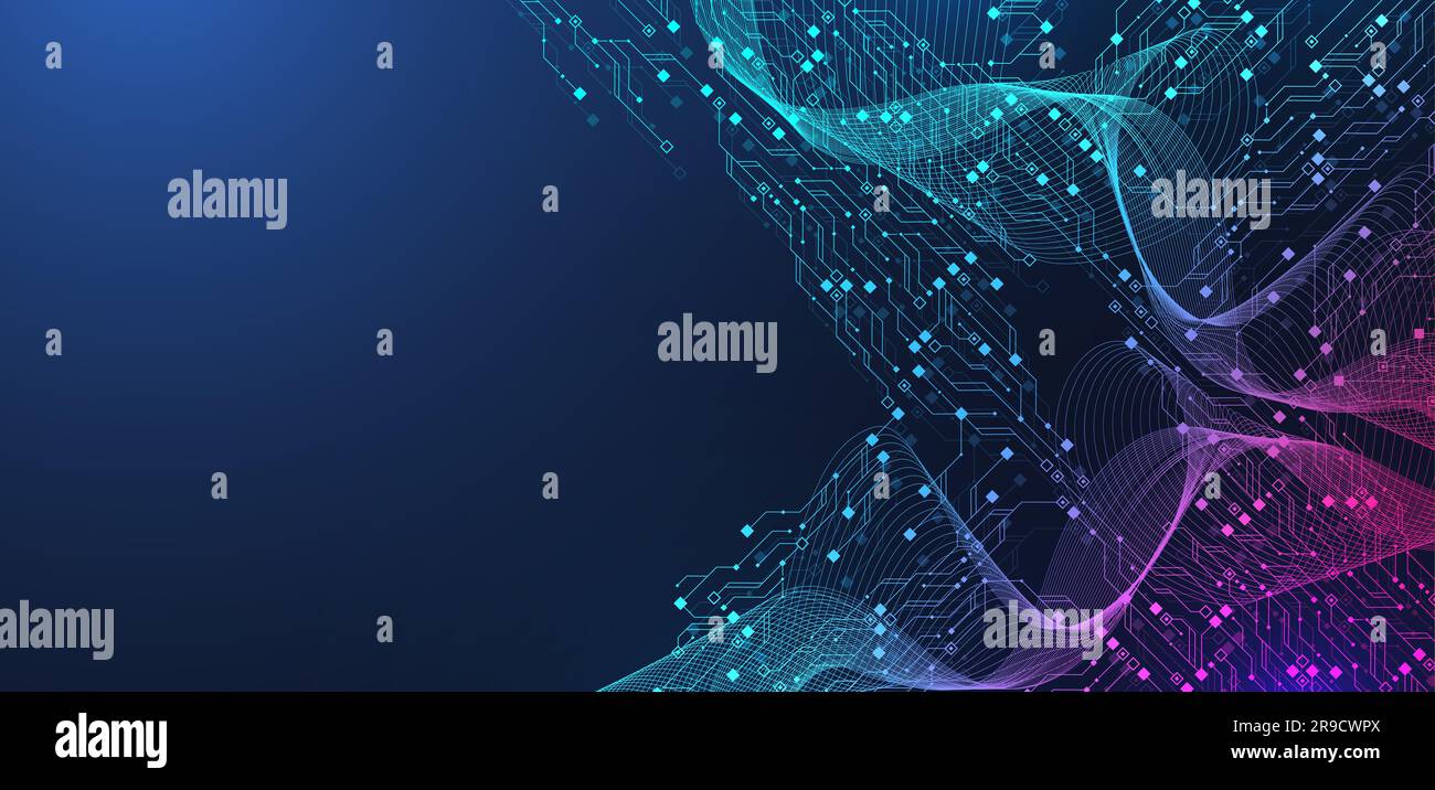 Quantum computer technologies concept. Futuristic blue circuit board background. Modern ...