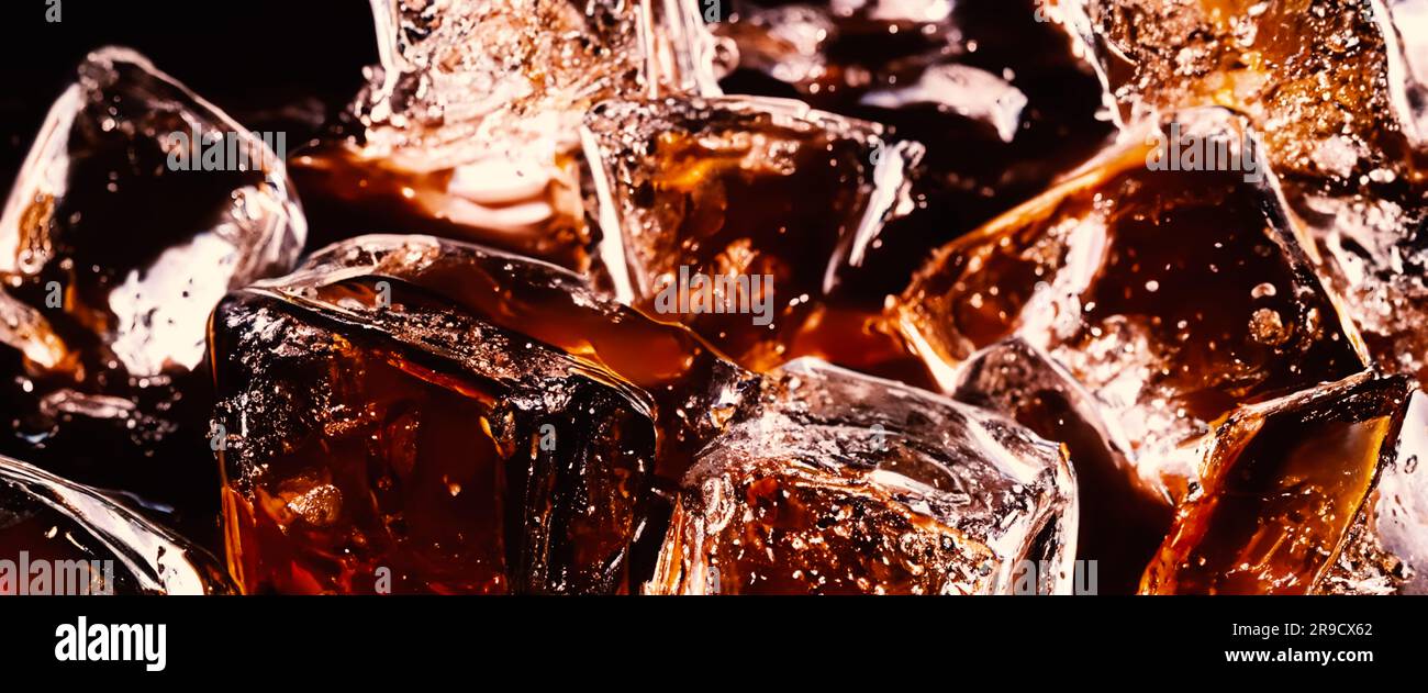 Splashing of Cola and Ice. Cola soda and ice splashing fizzing or ...