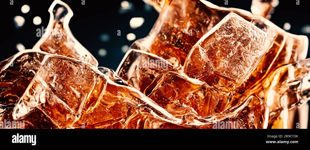 Splashing of Cola and Ice. Cola soda and ice splashing fizzing or ...