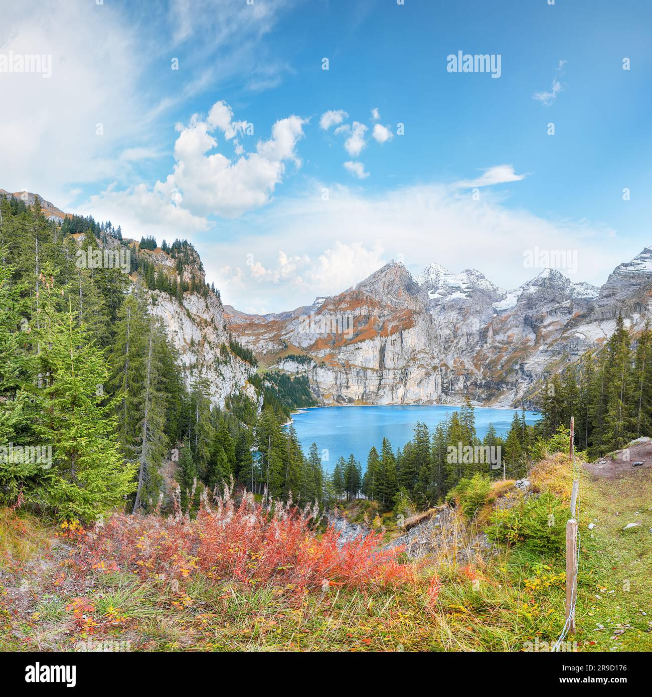Amazing autumn view of Oeschinensee Lake. Scene of Swiss Alps with ...
