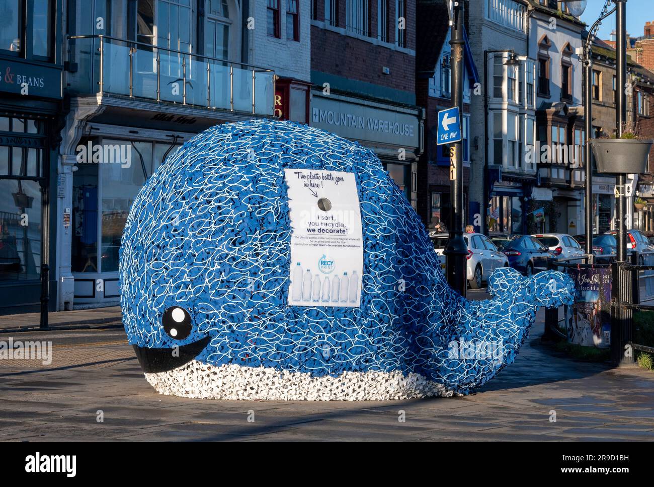 A whale made from re-cycled plastic near the swing bridge in whitby ...