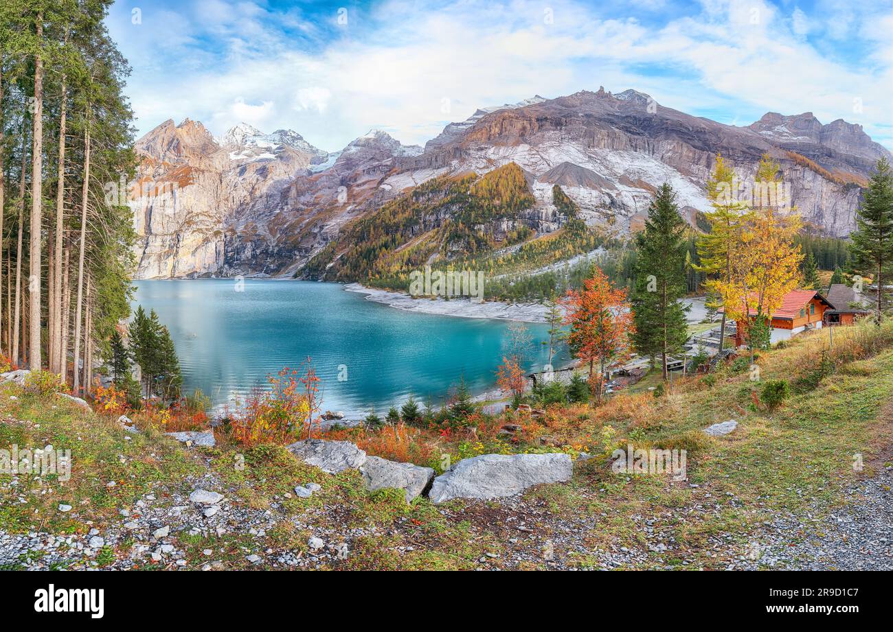 Fabulous autumn view of Oeschinensee Lake. Scene of Swiss Alps with ...