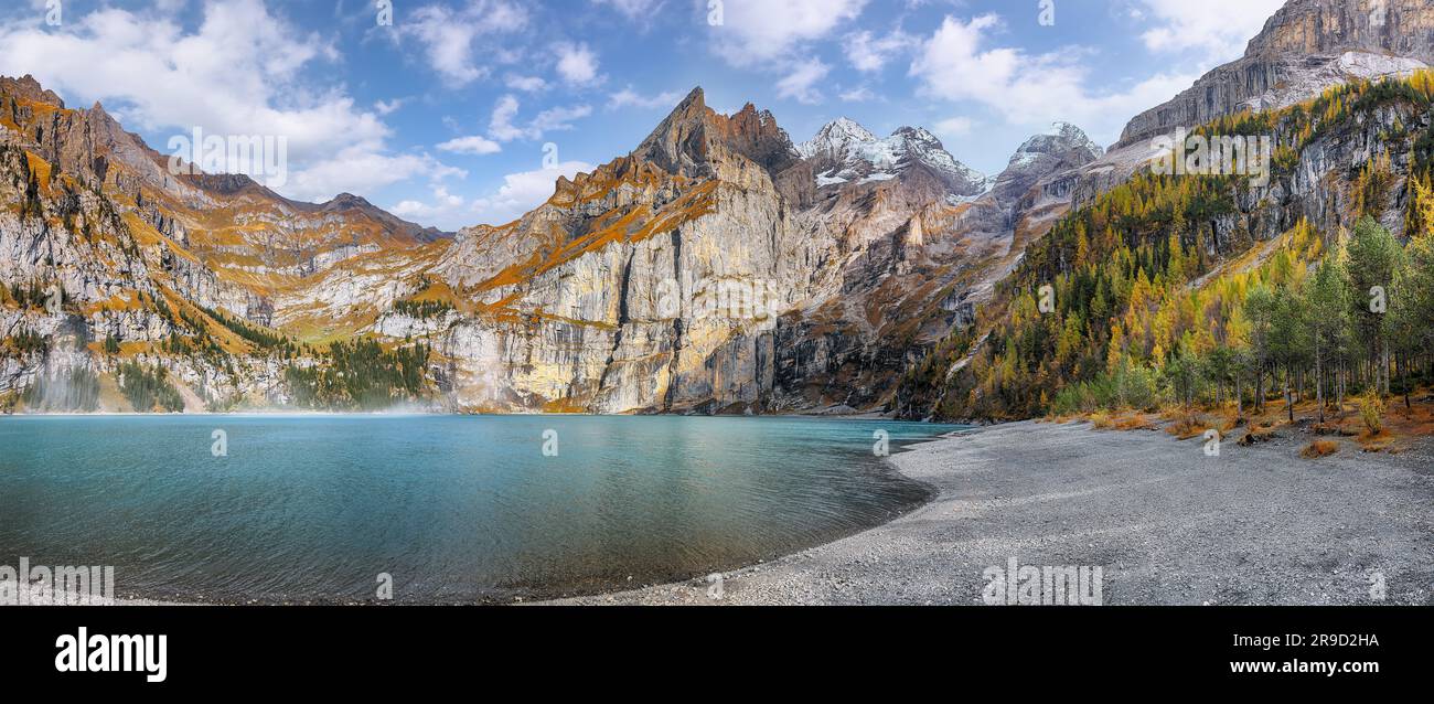 Incredible autumn view of Oeschinensee Lake. Scene of Swiss Alps with ...