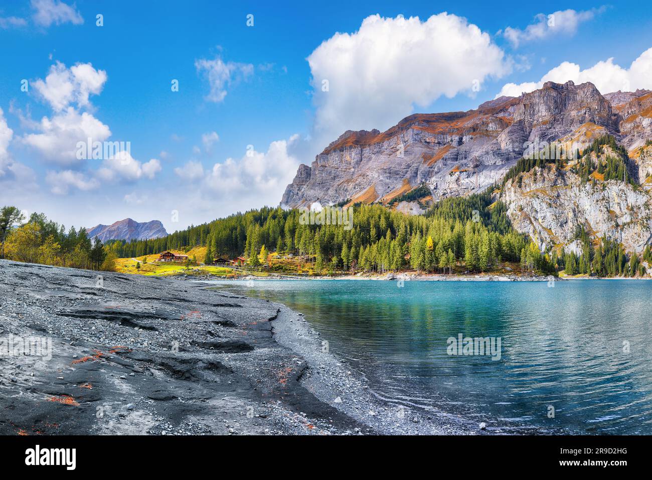 Fabulous autumn view of Oeschinensee Lake. Scene of Swiss Alps with ...