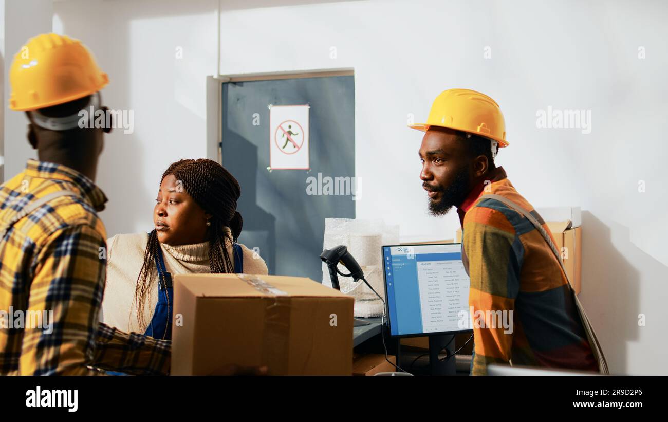 Group of people looking at containers with products, planning retail ...