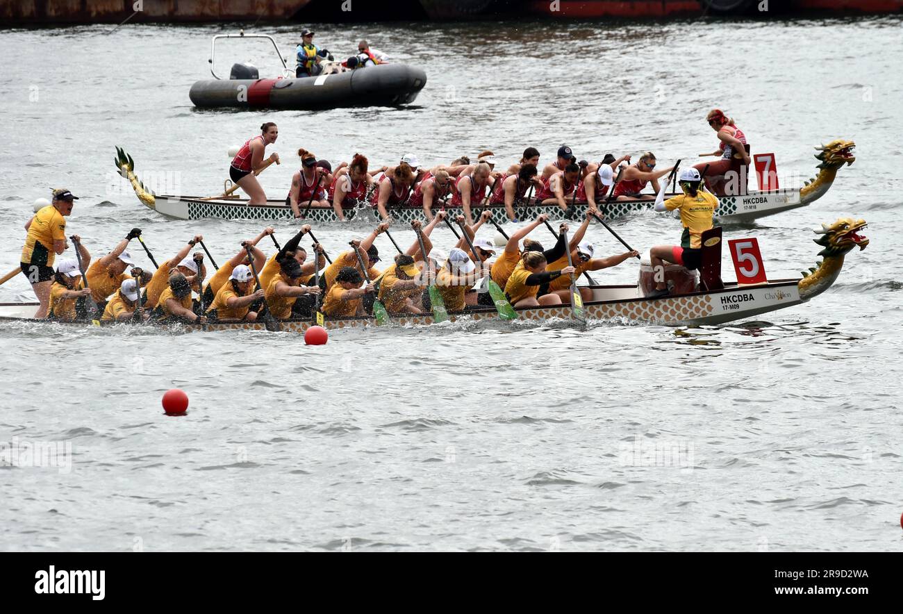 Dragon boats compete during the 2023 Hong Kong International Dragon Boat Races in the Victoria ...