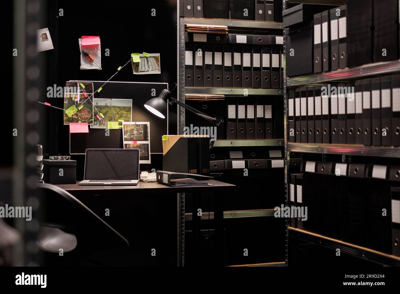 Empty dark police detective room with murder case investigation process ...