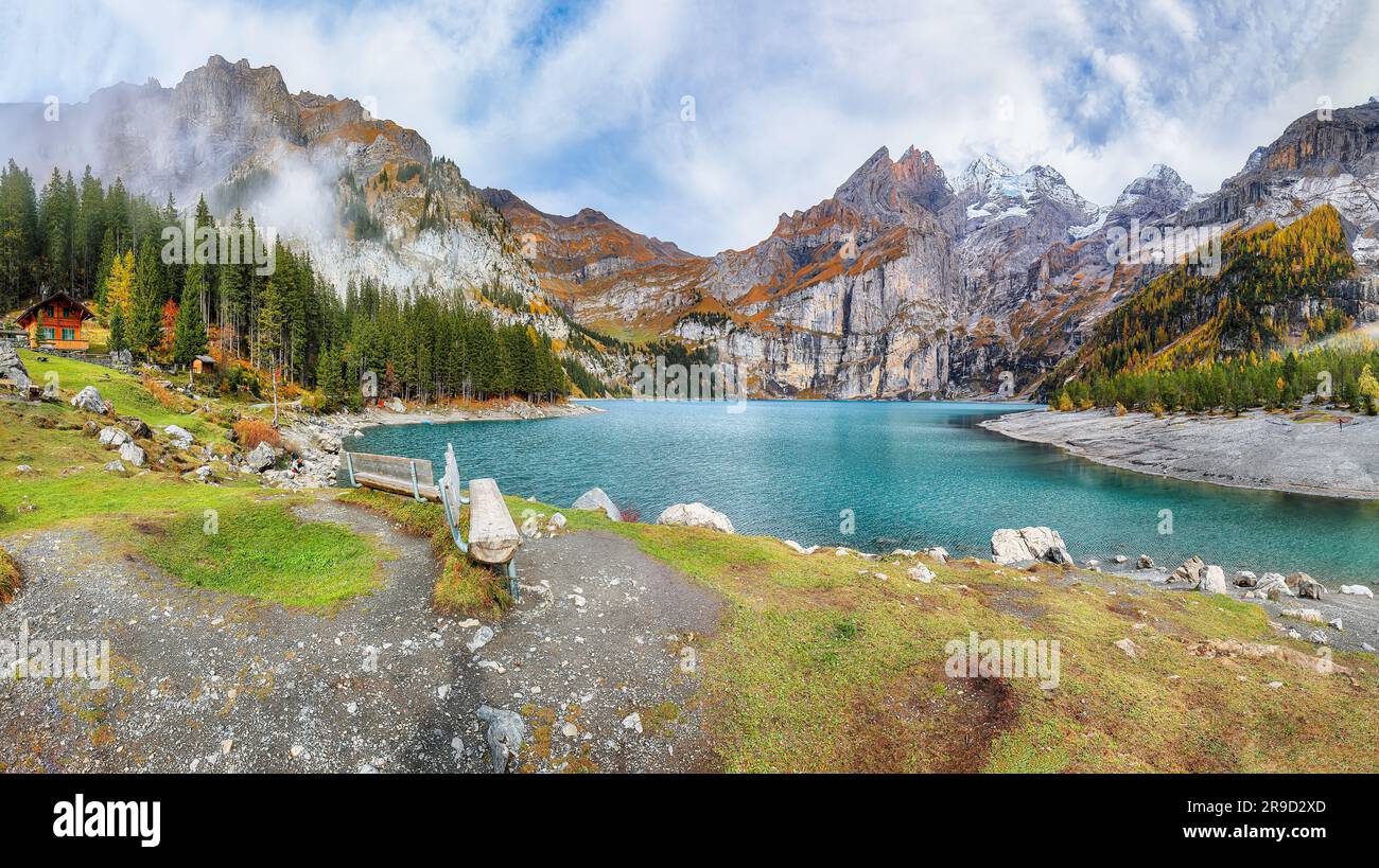 Incredible autumn view of Oeschinensee Lake. Scene of Swiss Alps with ...