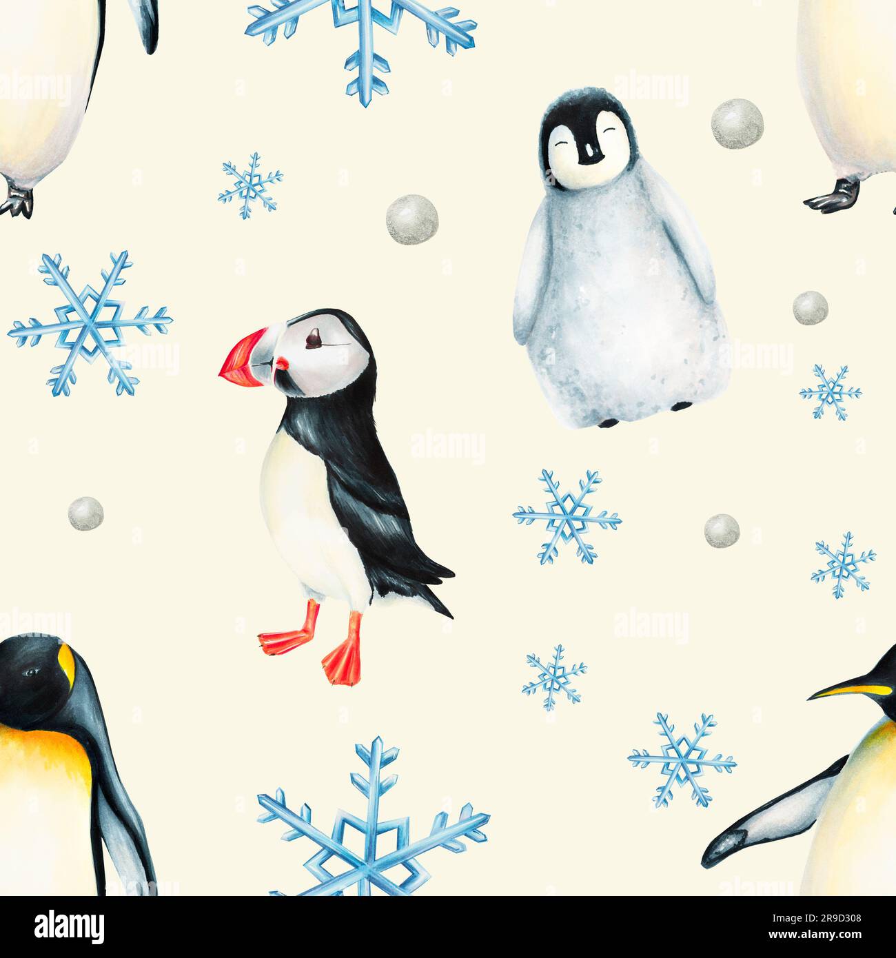 Watercolor winter seamless pattern with king penguins under snowflakes ...