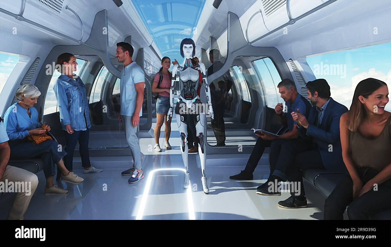 3d people and robots. Flying passenger train in clouds. Utopia. concept ...