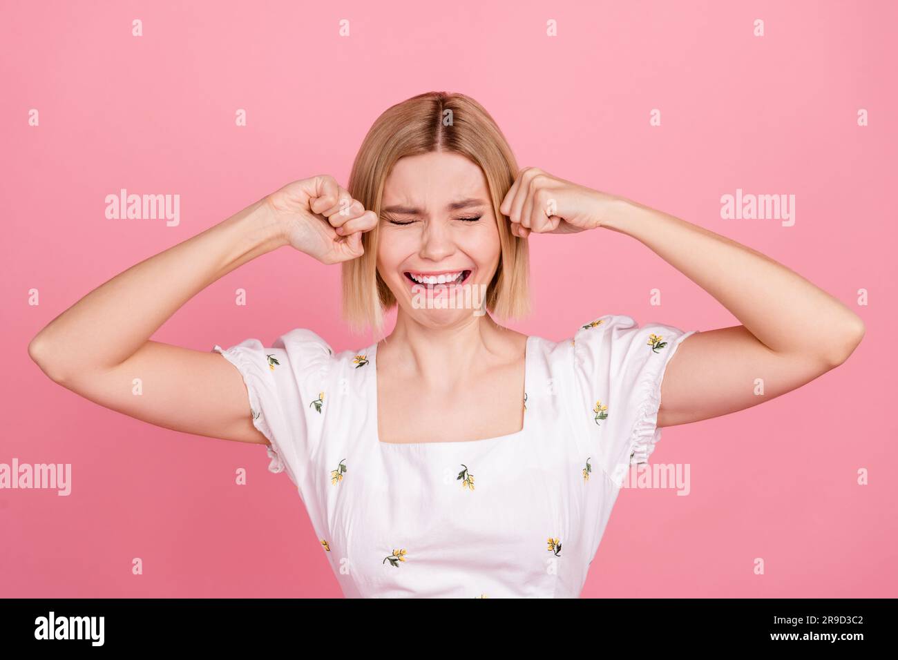 Portrait of lonely girl frowning crying tears wear white blouse unhappy ...