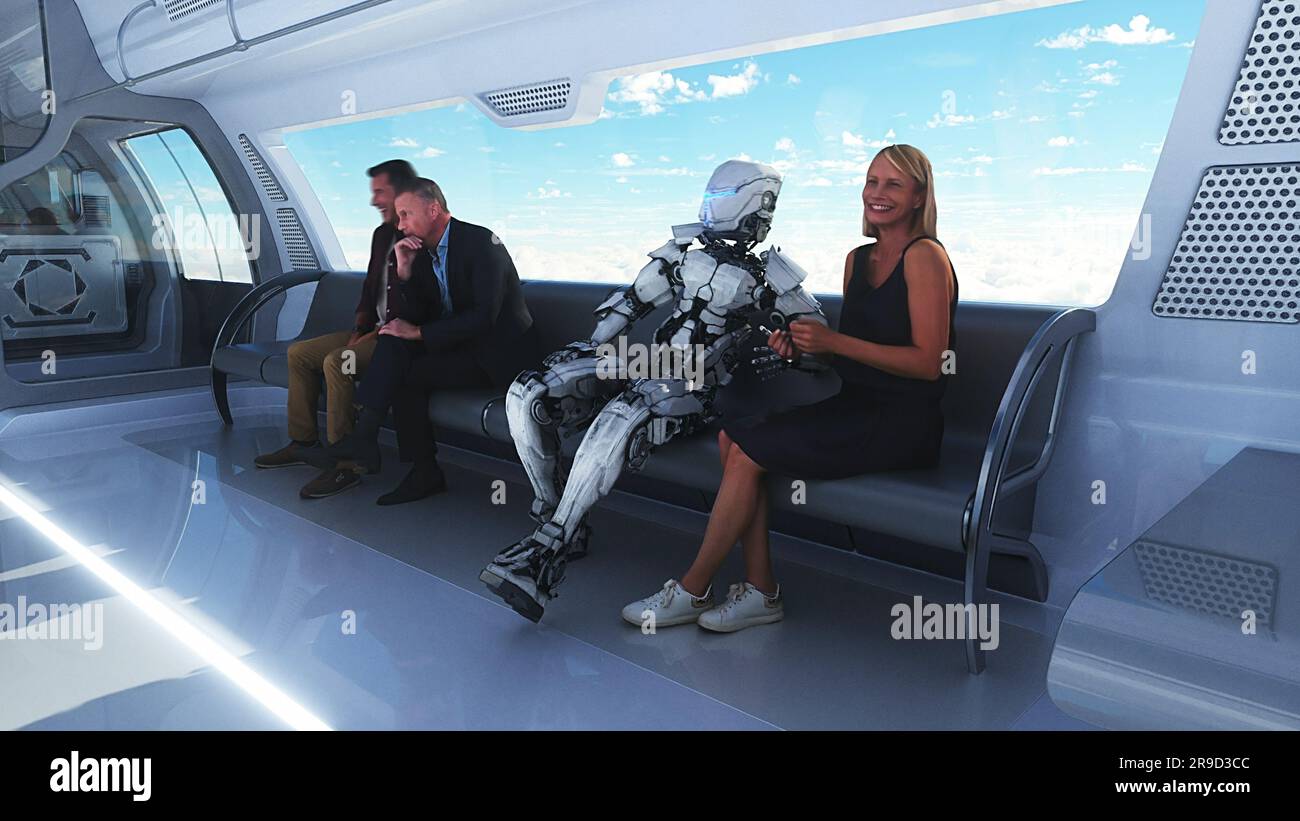 3d people and robots. Flying passenger train in clouds. Utopia. concept ...