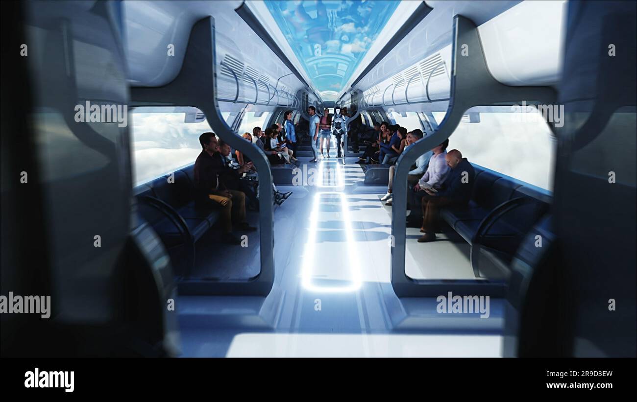 Flying passenger train in clouds. Utopia. concept of the future. Aerial ...