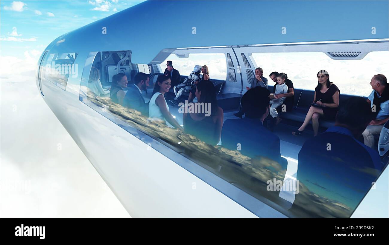 Flying passenger train in clouds. Utopia. concept of the future. Aerial ...