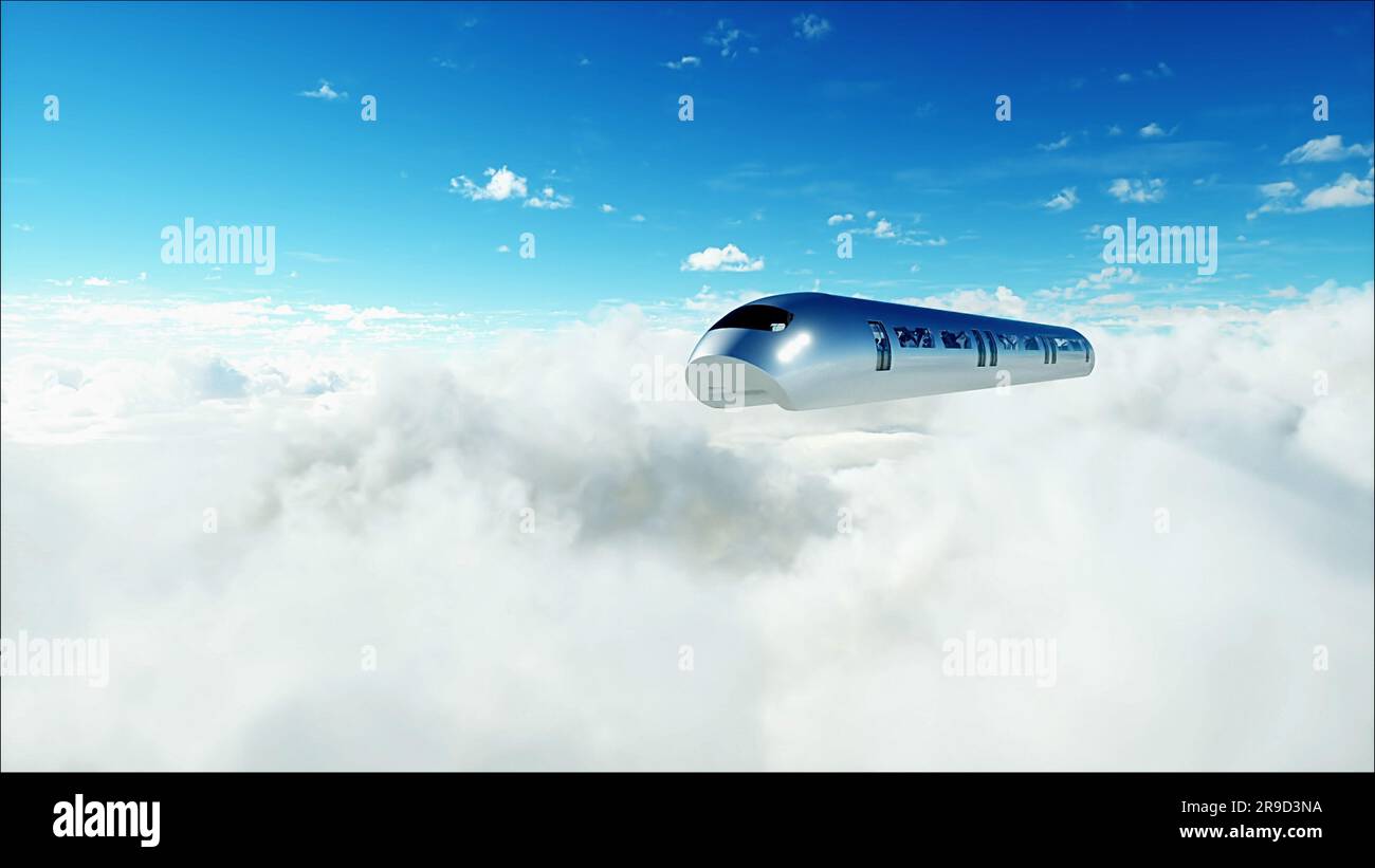 Flying passenger train in clouds. Utopia. concept of the future. Aerial ...