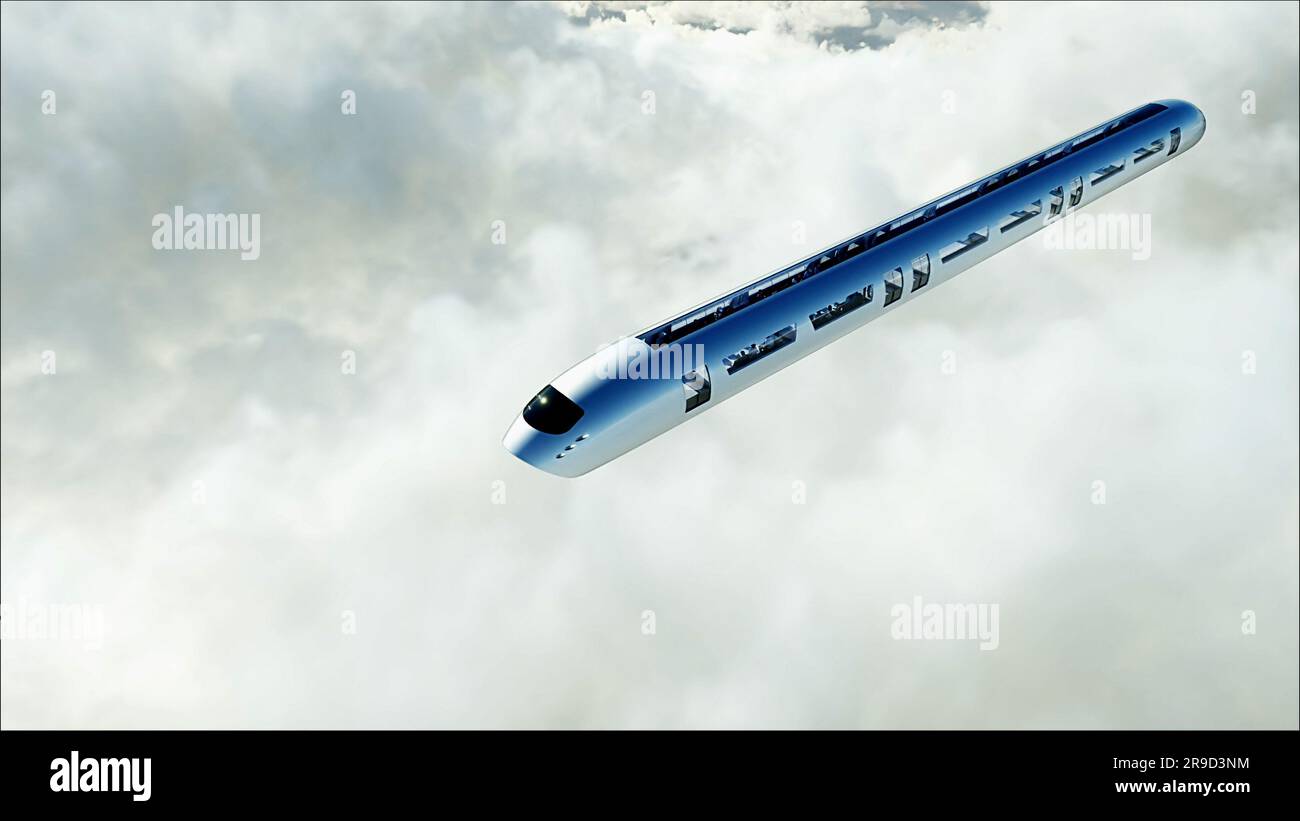 Flying passenger train in clouds. Utopia. concept of the future. Aerial ...