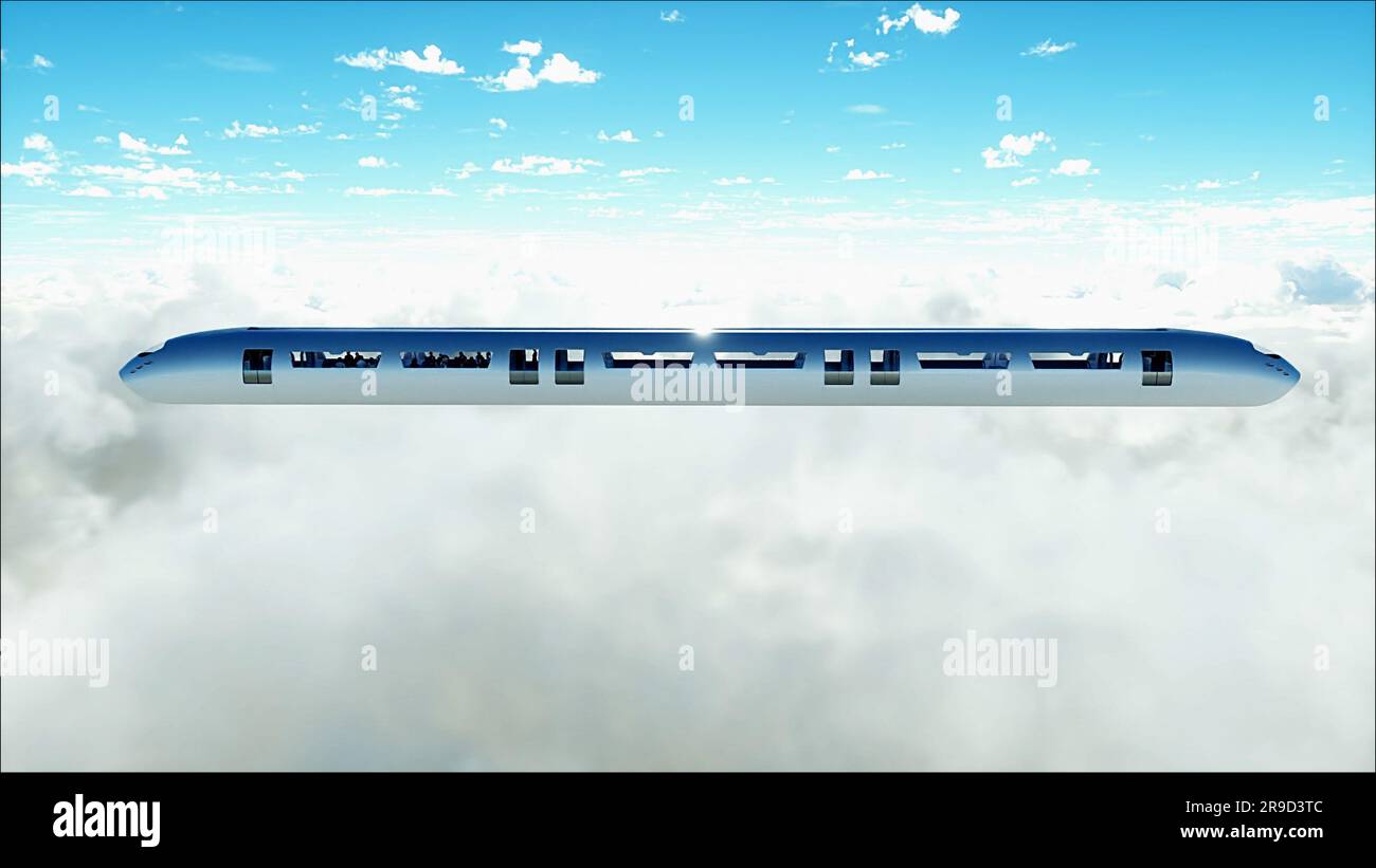 Flying passenger train in clouds. Utopia. concept of the future. Aerial ...