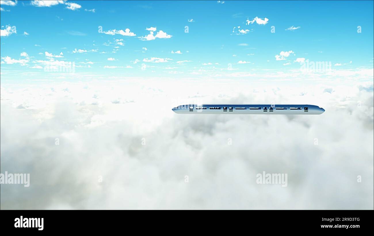 Flying passenger train in clouds. Utopia. concept of the future. Aerial ...