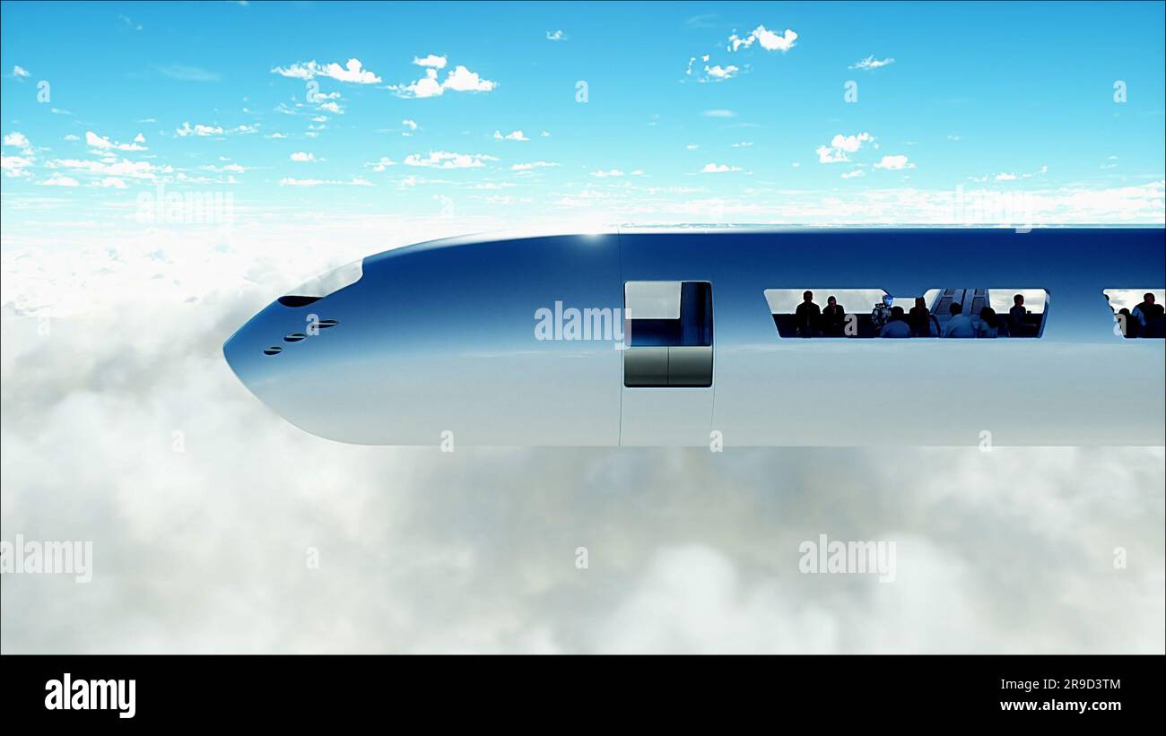 Flying passenger train in clouds. Utopia. concept of the future. Aerial ...