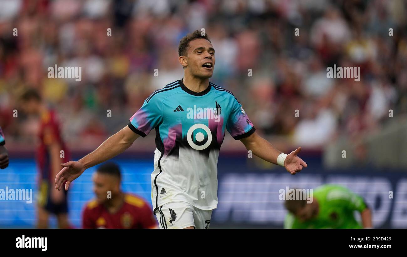 Minnesota United midfielder Hassani Dotson reacts after scoring against ...