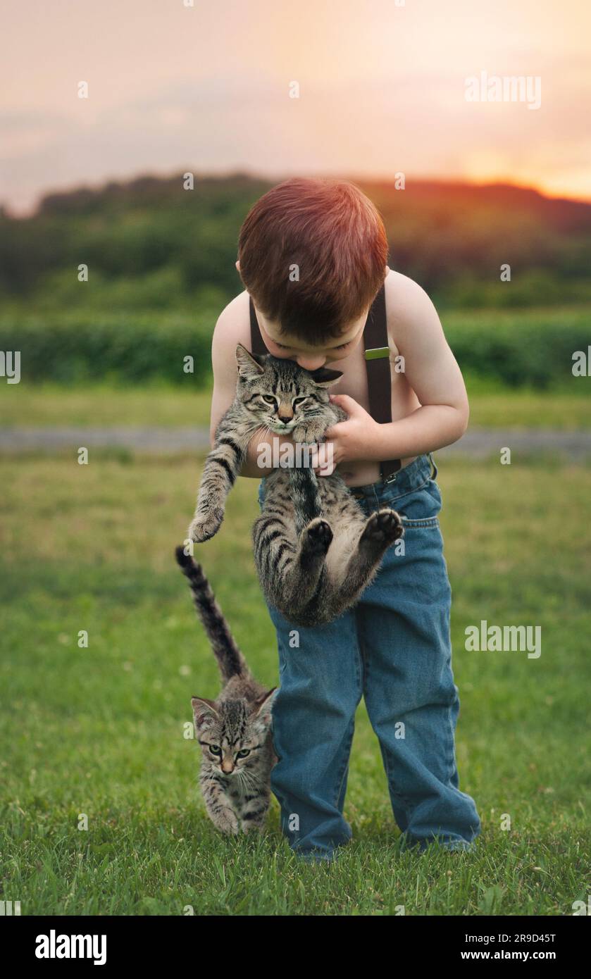 little boy in suspenders kissing a kitten outside Stock Photo - Alamy