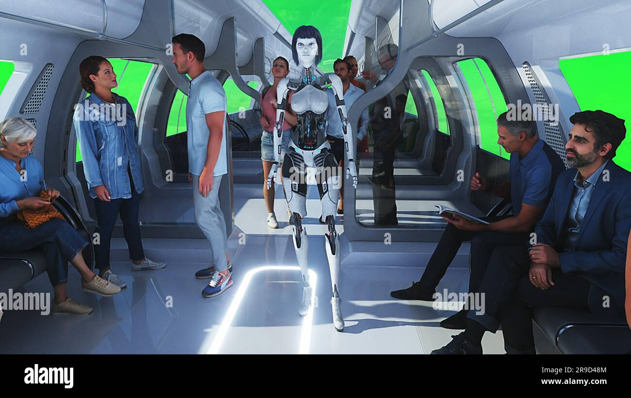 3d people and robots. Flying passenger train. Utopia. concept of the ...