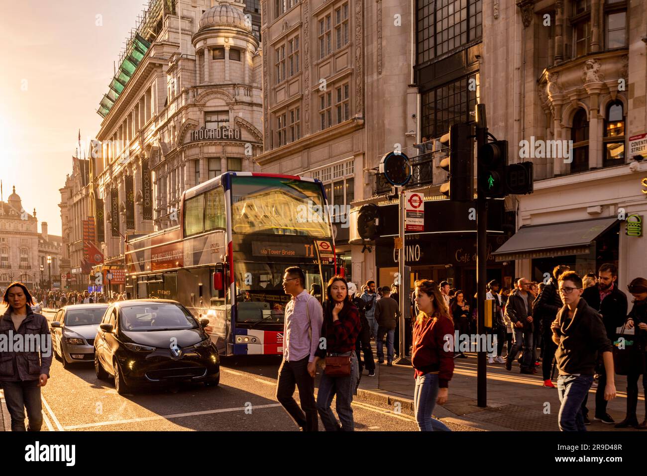 Coventry Street in a sunny afternoon with Trocadero center and crowds ...